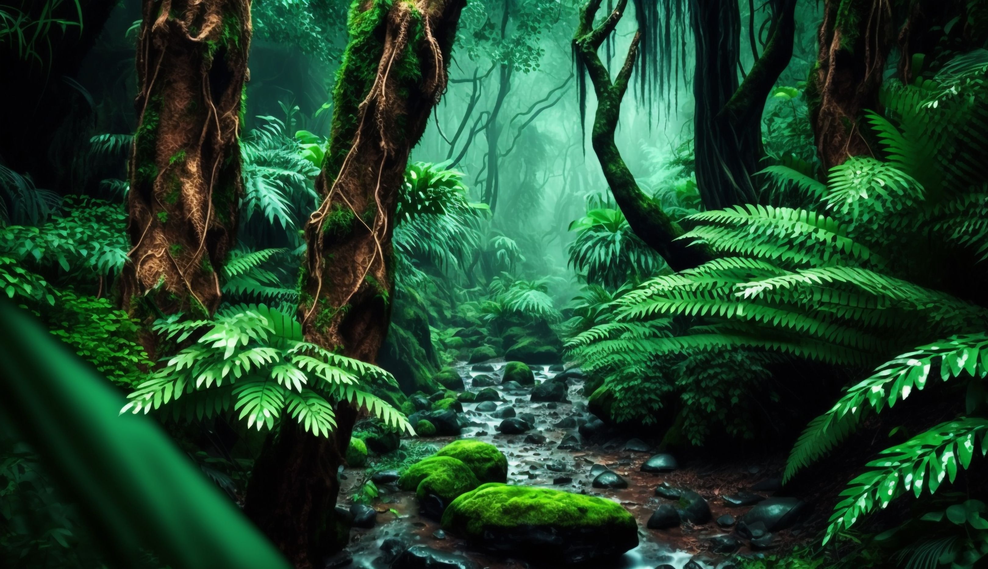 Get the Wallpaper You Crop and You See. Hand Made Wallpaper Jungle Forest Stones Rainforest Green Nature Background In The Rain